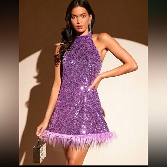 Dresses | Purple Sequin Dress With Feather Trim | Poshmark